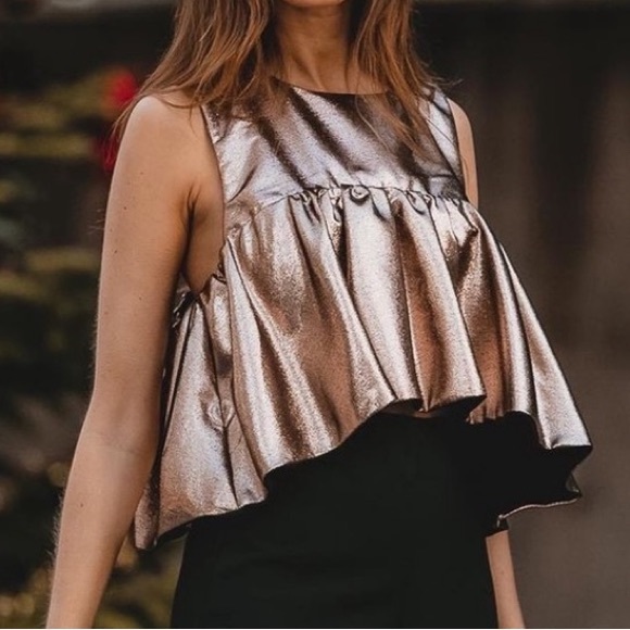 Zara | Tops | Zara Festive Coppermetallic Rose Gold Rufflesleeveless ...